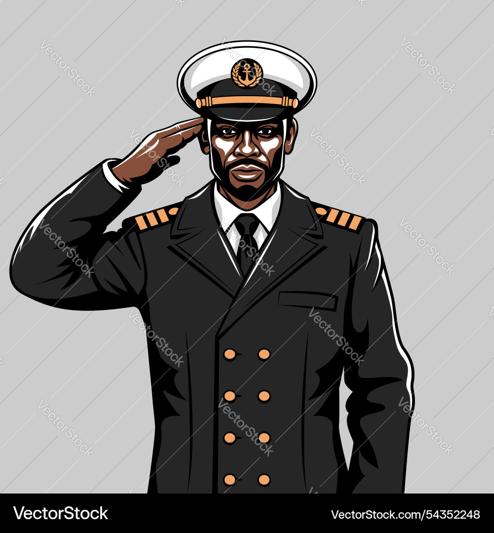 Black man in captain uniform saluting Royalty Free Vector