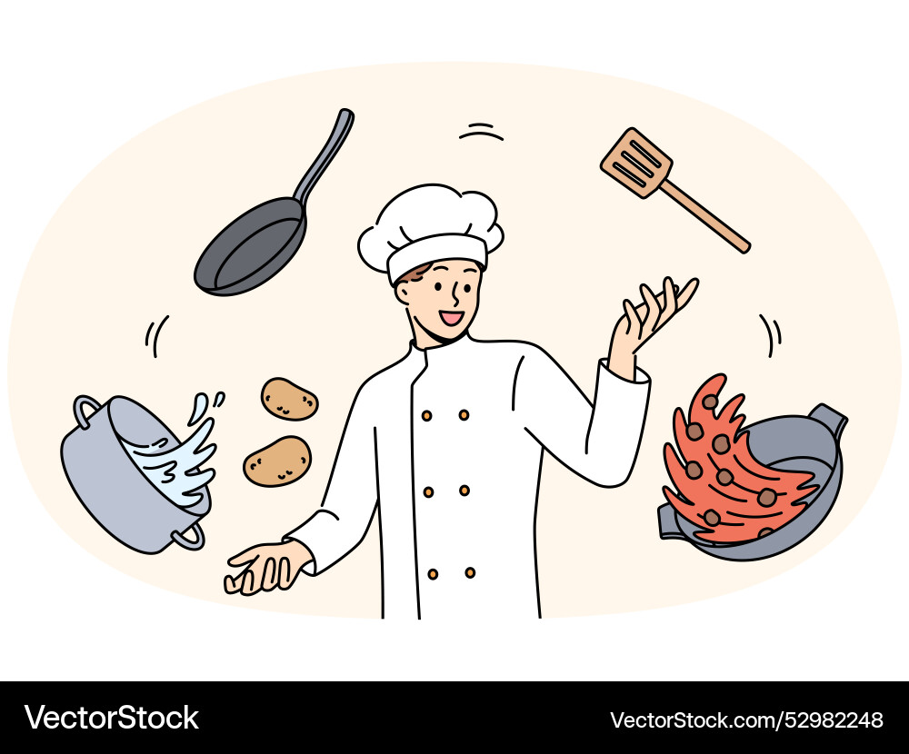 Man cook in white uniform and cap stands among Vector Image