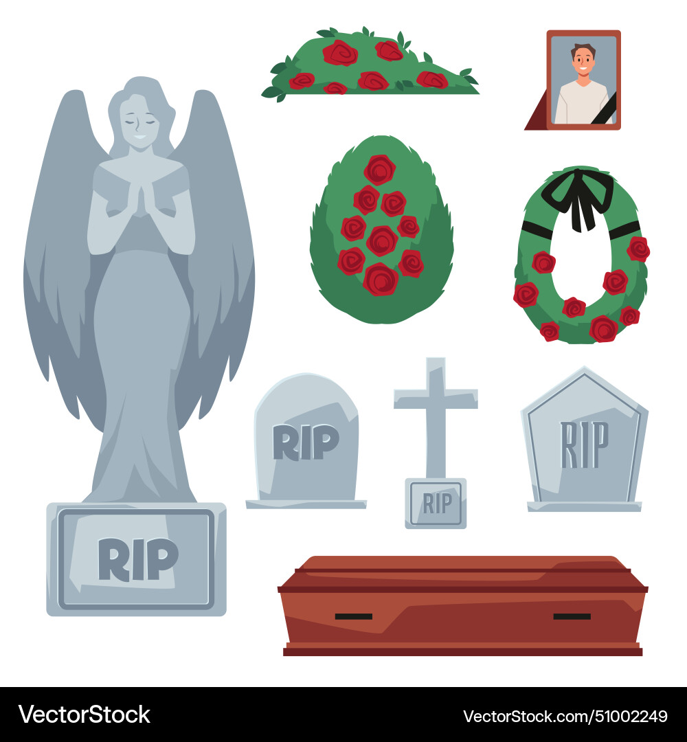Set of items about funeral flat style Royalty Free Vector