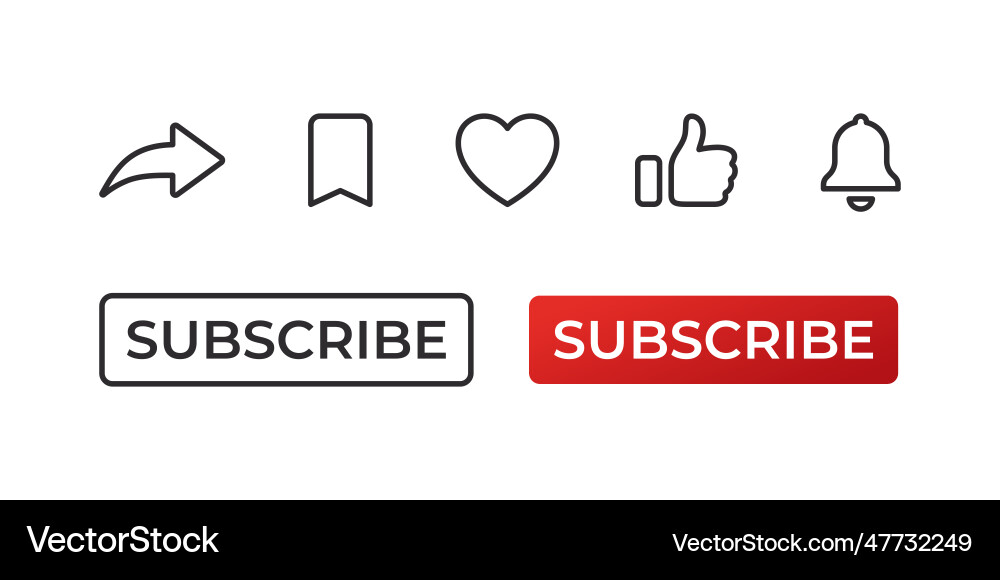 Subscribe red button notification bell share icon Vector Image