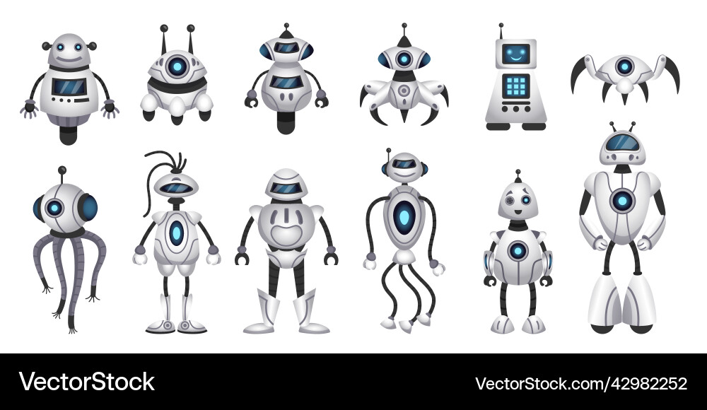 Cute robot characters digital science stickers Vector Image
