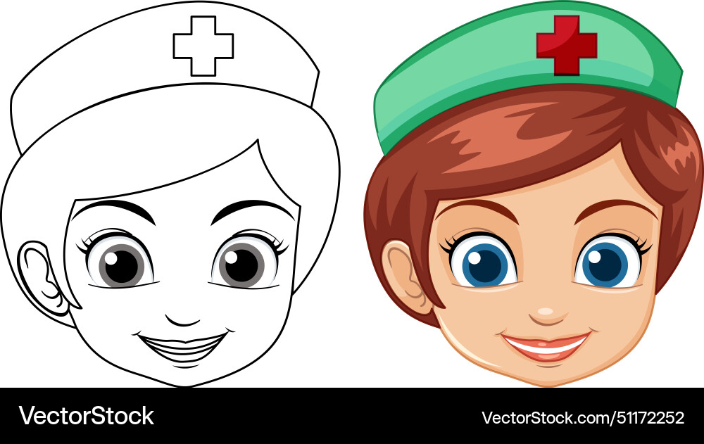 Two cartoon nurses one colored and line art Vector Image