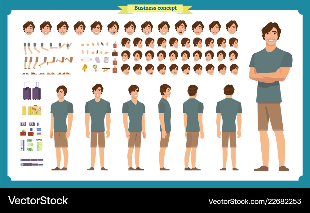 Casual Man Character Set - Diverse Emotions Vector Image