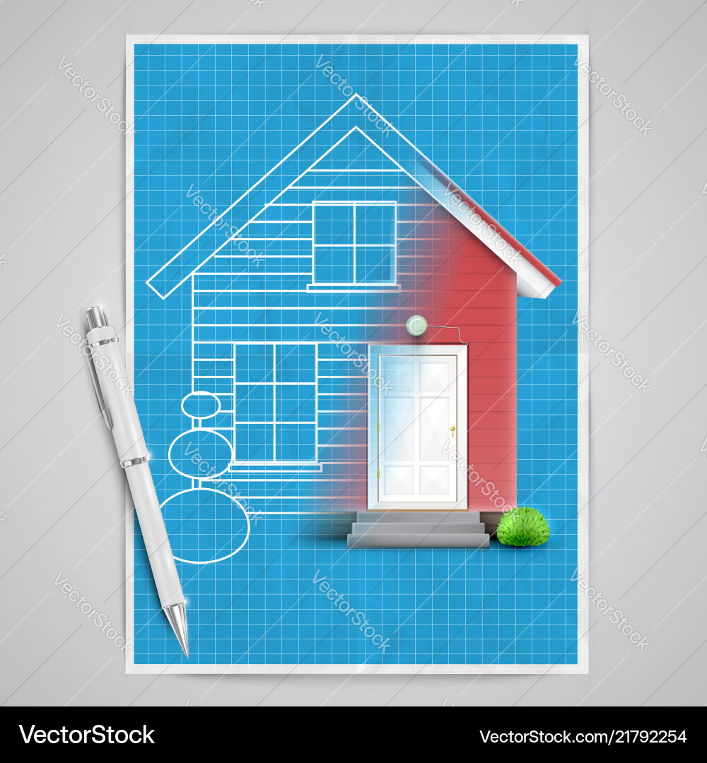 Realistic House with Blueprint Royalty Free Vector Image