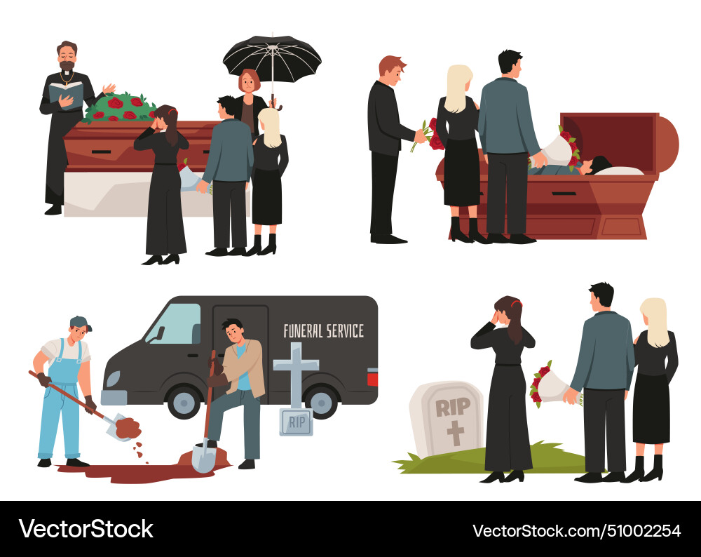 Set of funeral scenes flat style Royalty Free Vector Image