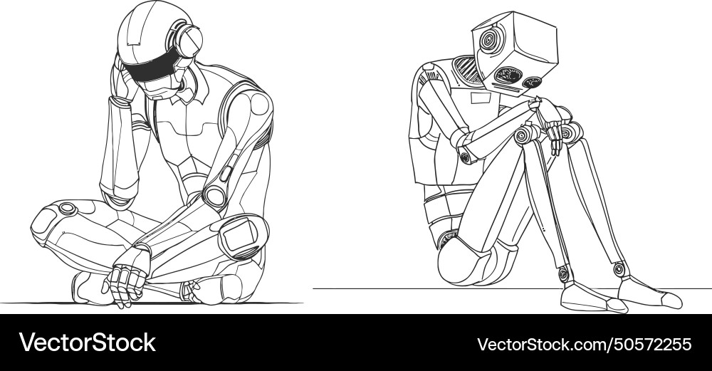 Continuous one line drawing robot cover his face Vector Image