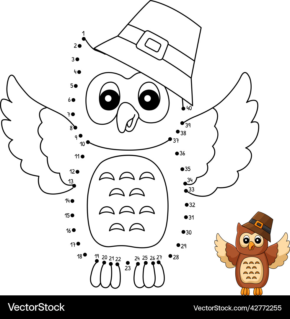 Dot to thanksgiving owl coloring pages Royalty Free Vector