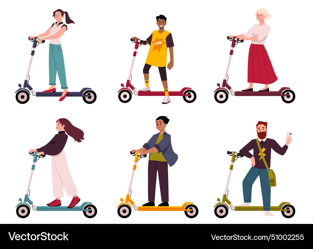 Young people riding kick scooter flat Royalty Free Vector