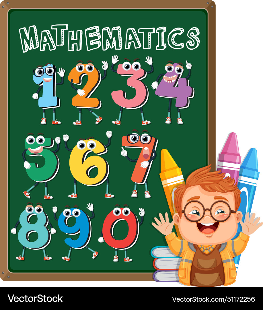 Cartoon boy with animated numbers on chalkboard Vector Image