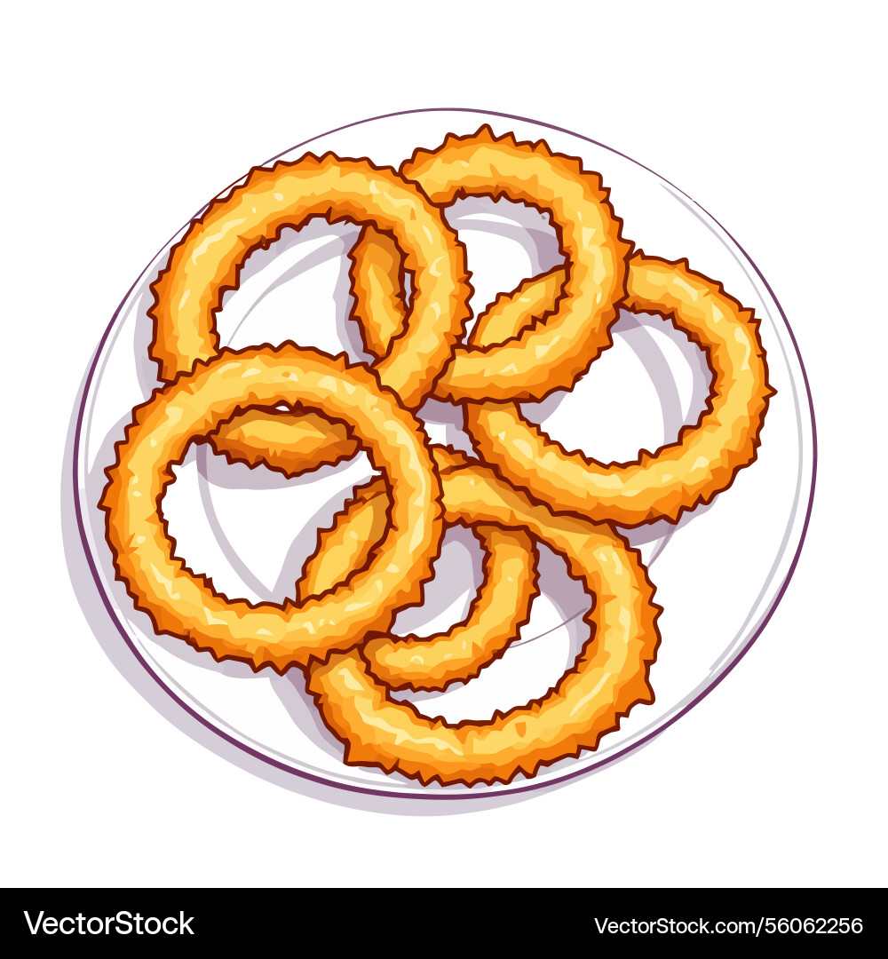 Crispy onion rings piled on white plate tempting Vector Image
