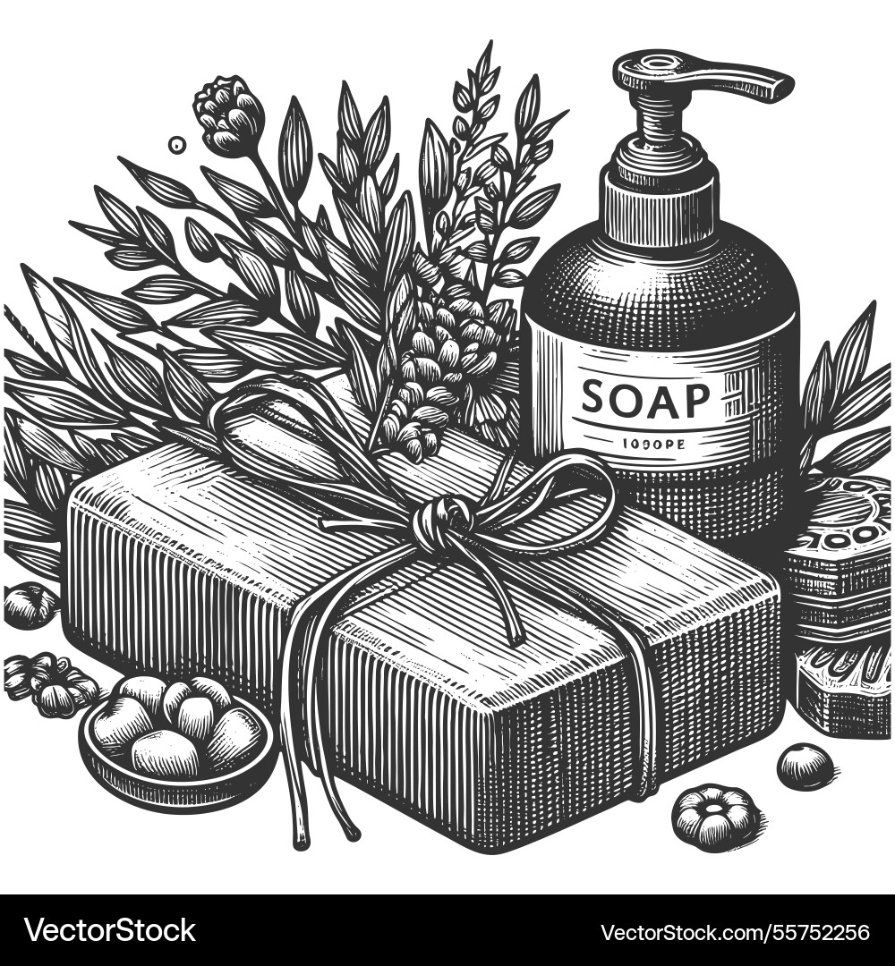 Soap and dispenser engraving Royalty Free Vector Image