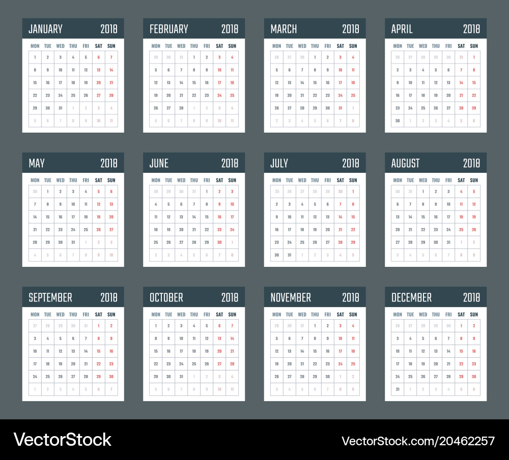 Calendar for 2018 starts monday Royalty Free Vector Image