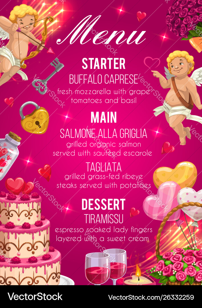 Menu on wedding day starter main and desserts Vector Image