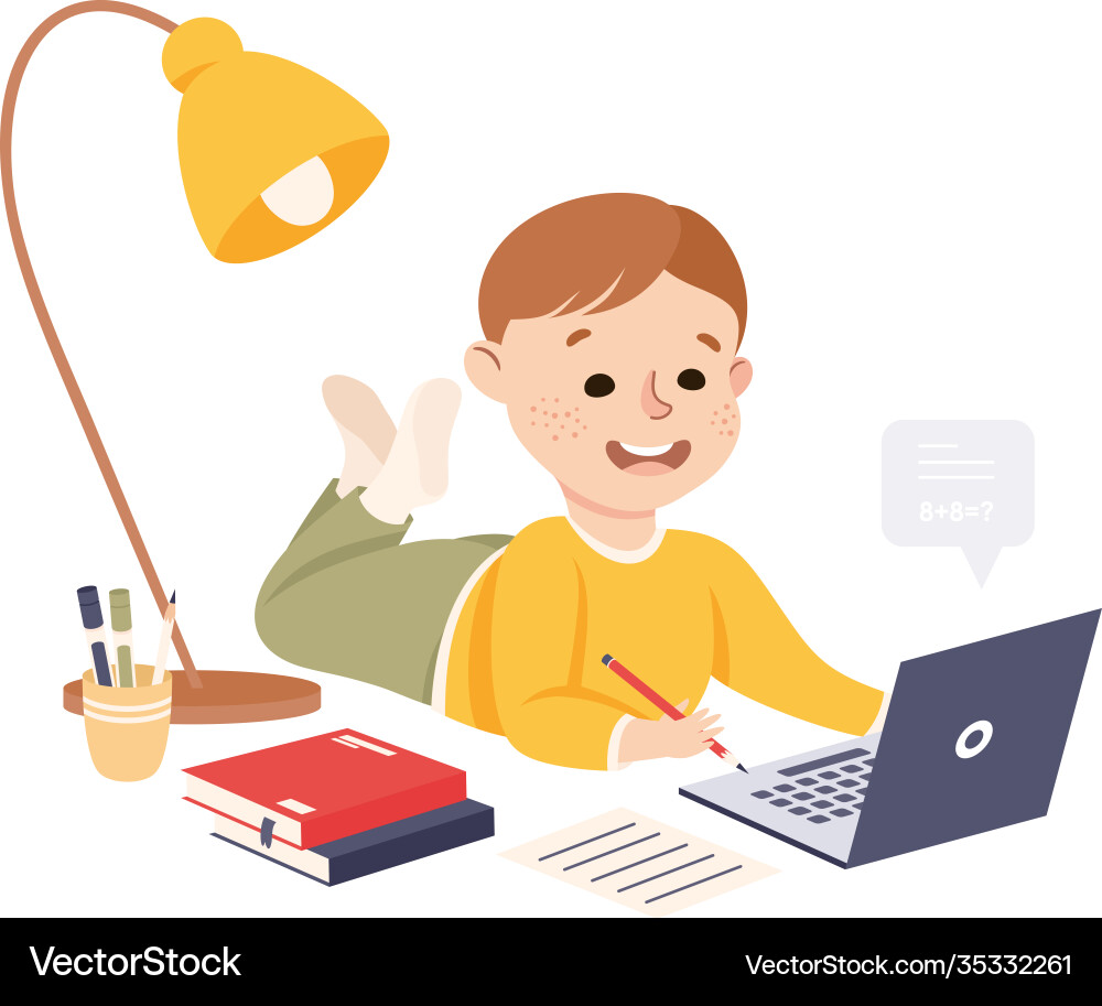 Elementary school student boy studying online Vector Image