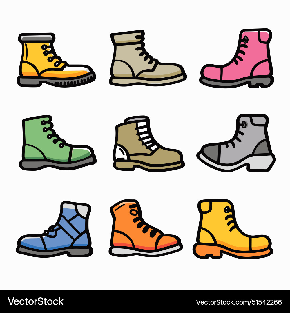 Collection various boots different colors styles Vector Image