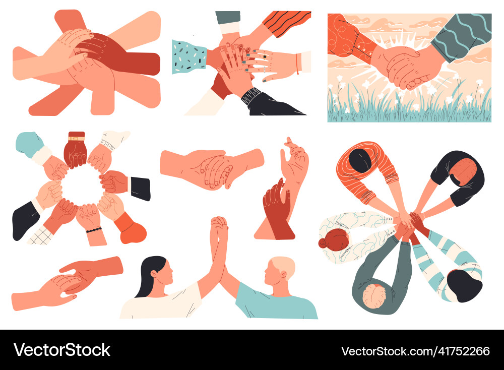 Set of hands people unite support each other Vector Image