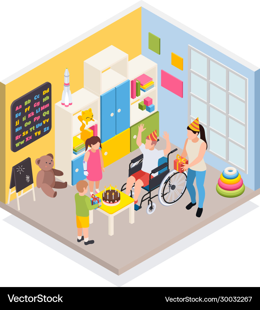 Disabled people isometric composition Royalty Free Vector