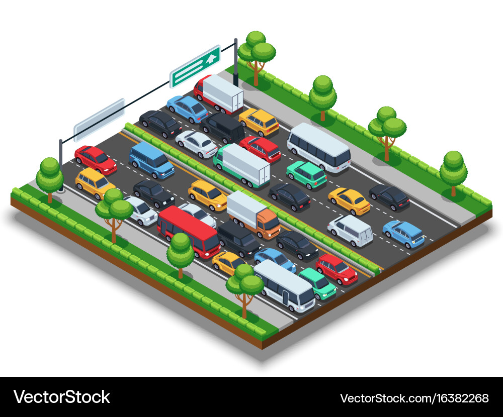Isometric highway with traffic jam 3d Royalty Free Vector