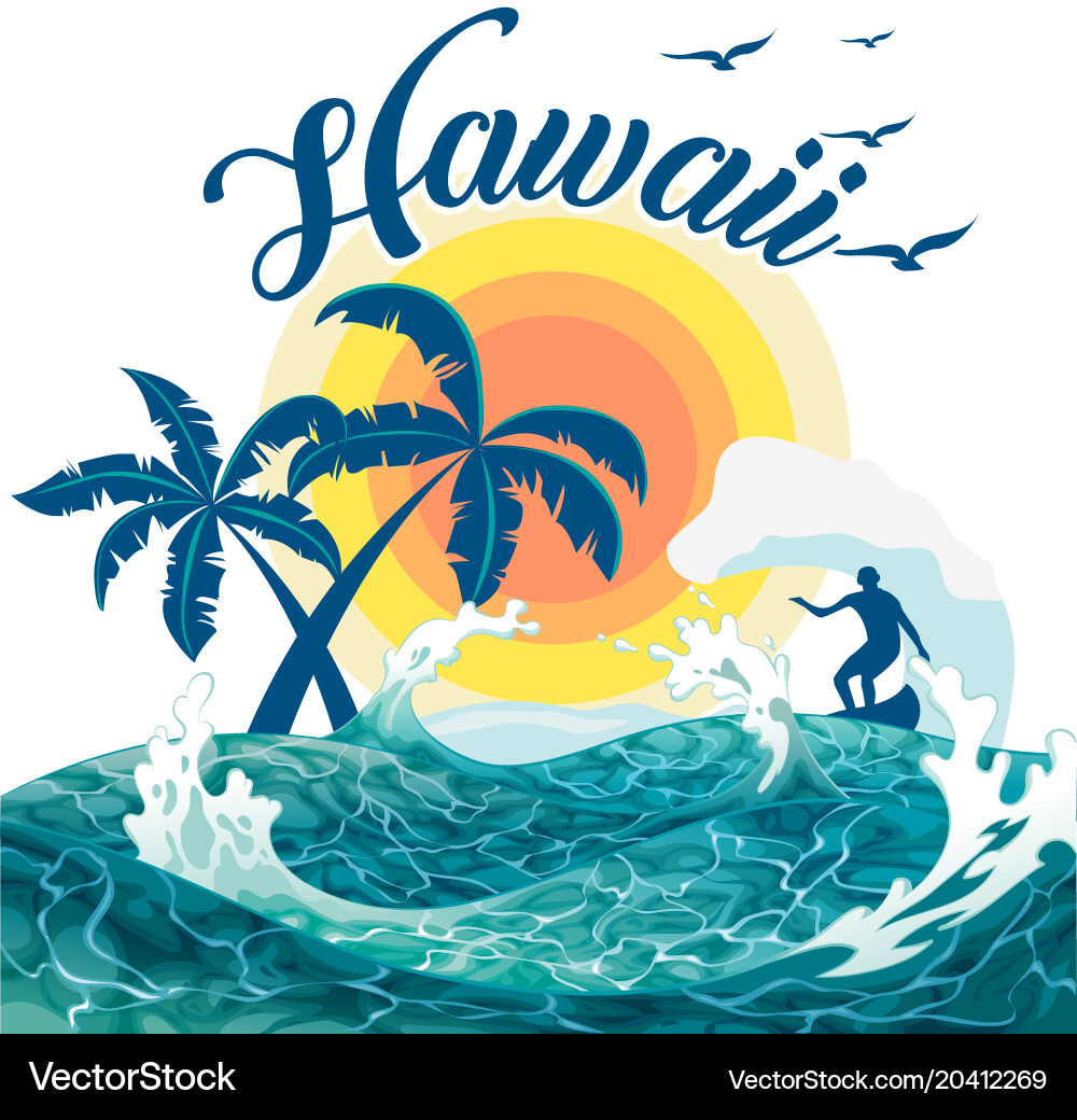Hawaii surfing sea tree sunset background i Vector Image
