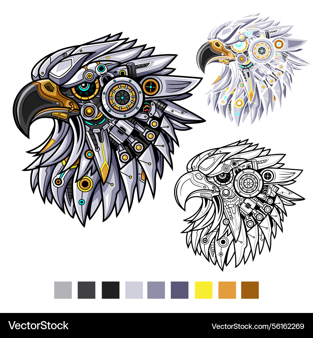 Robot eagle head with outline and color palette Vector Image