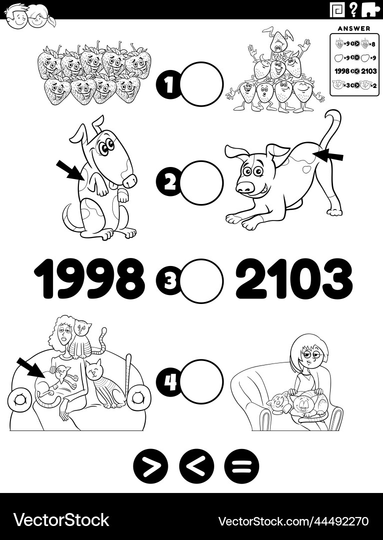 Greater less or equal math task coloring page Vector Image