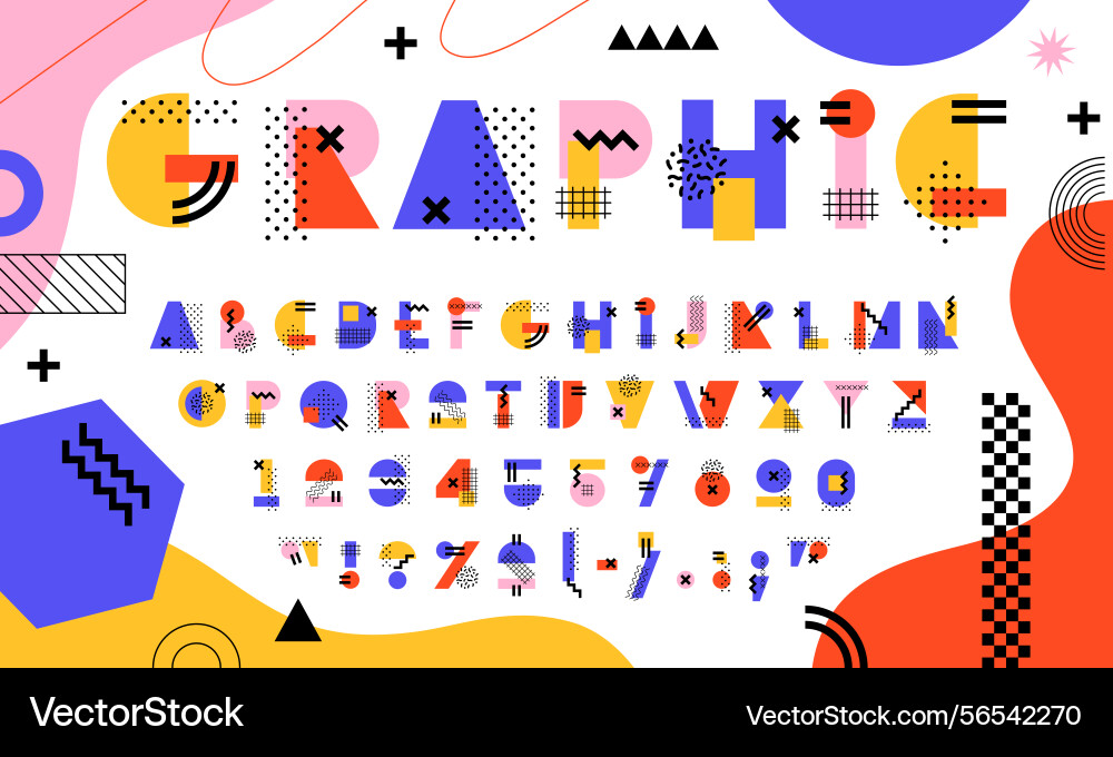 Headline memphis Schrift Buchstaben und Zahlen Vektorbild