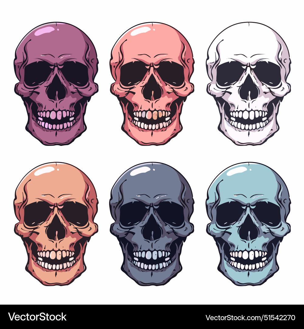 Six colorful skulls arranged rows isolated white Vector Image
