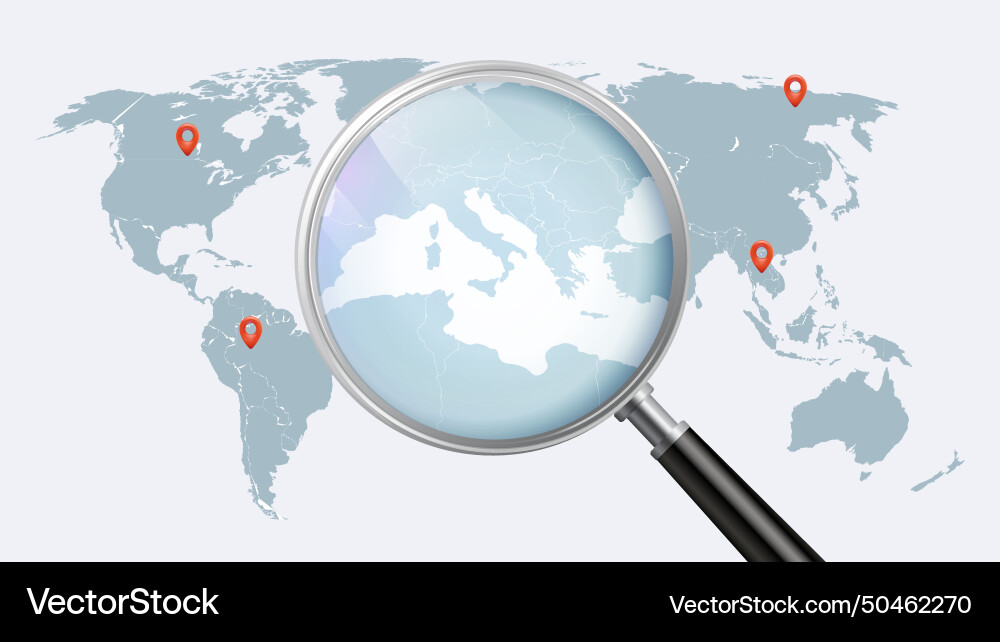 World map with a magnifying glass pointing Vector Image