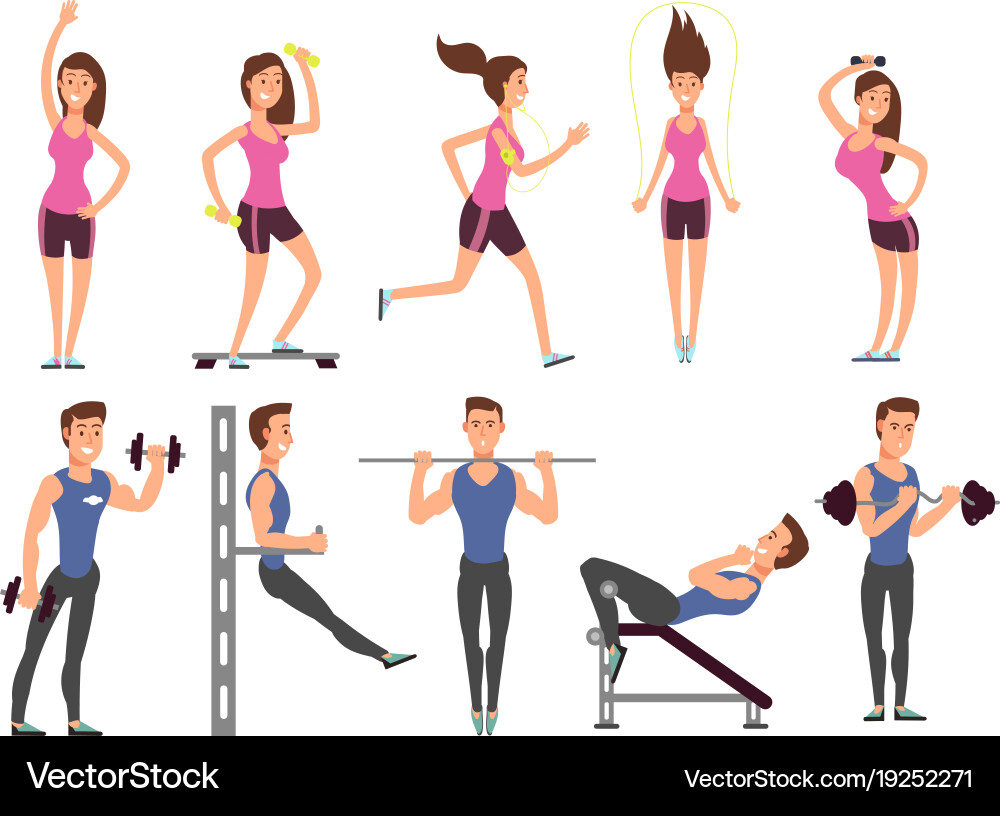 Fitness people cartoon characters set Royalty Free Vector