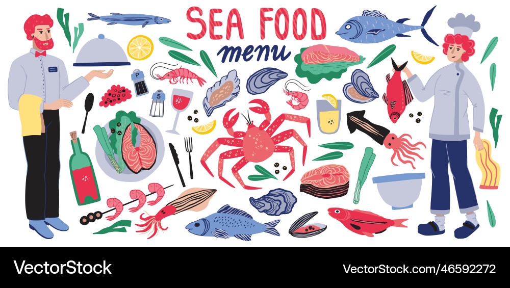 Doodle fish food restaurant menu animals cooking Vector Image
