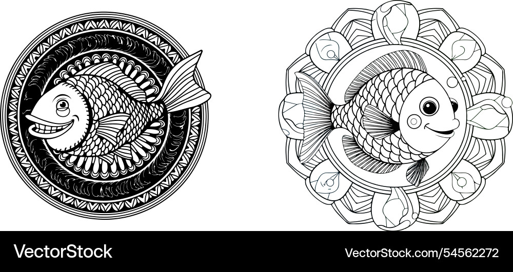 Mandala style line drawing happy fish art design Vector Image