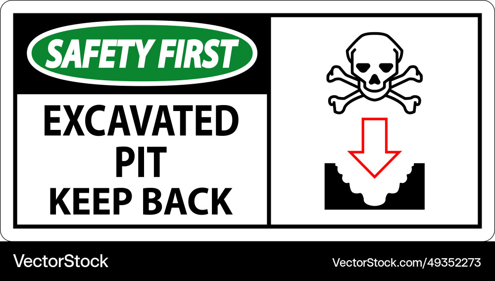 Safety first excavated pit sign Royalty Free Vector Image
