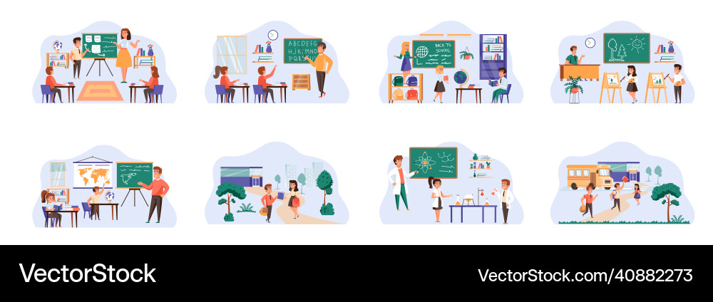 School learning bundle of scenes with flat people Vector Image