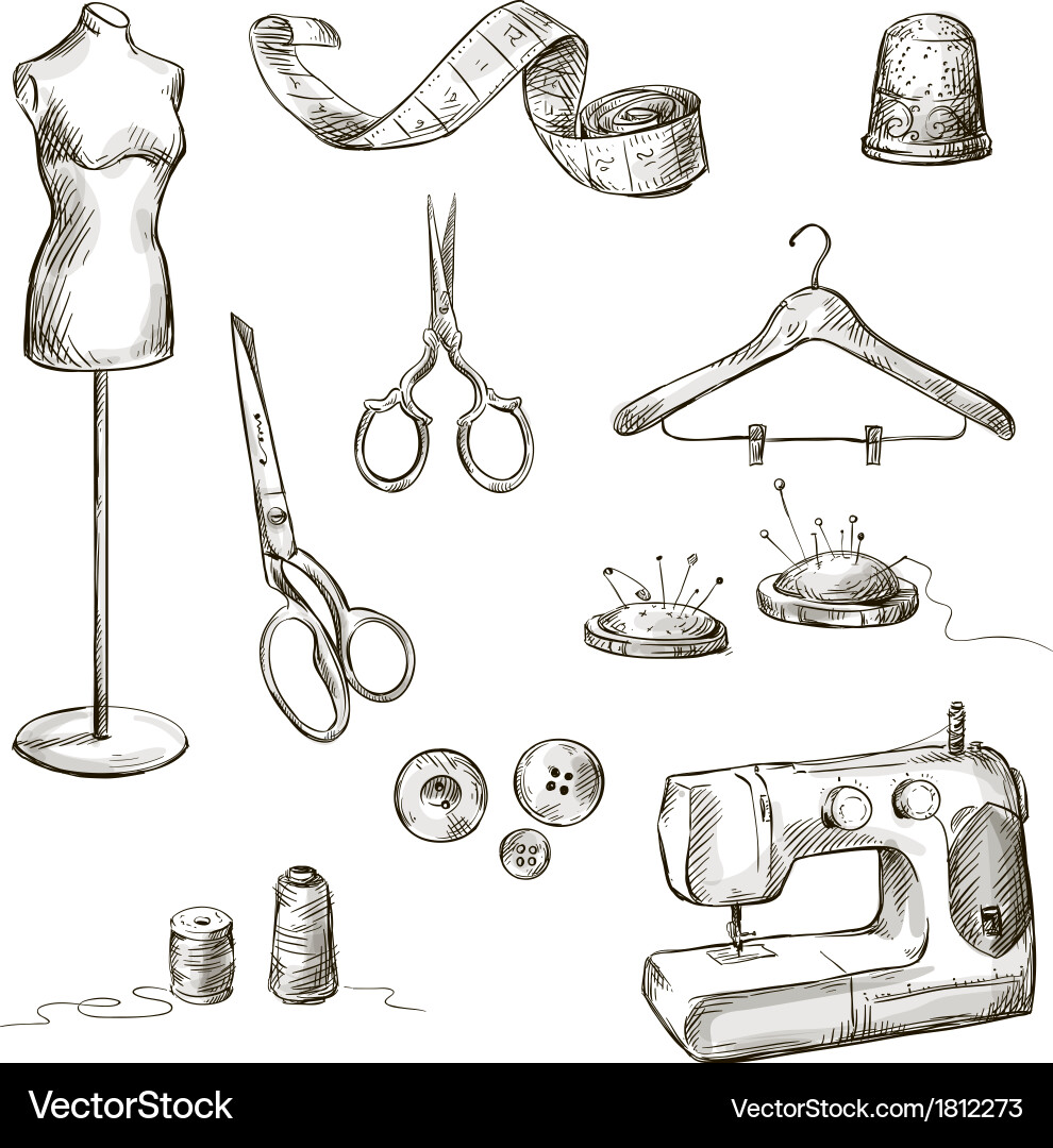 Set of sewing accessories drawings Royalty Free Vector Image