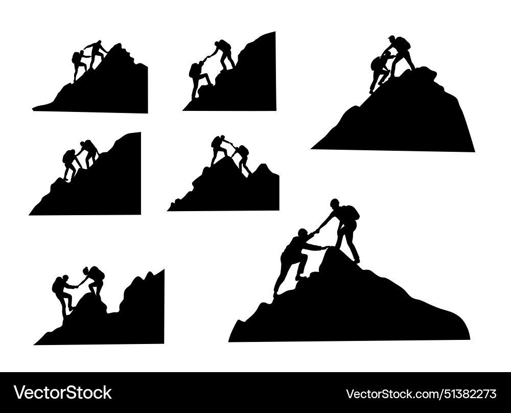 Two people climbing on mountain and helping Vector Image