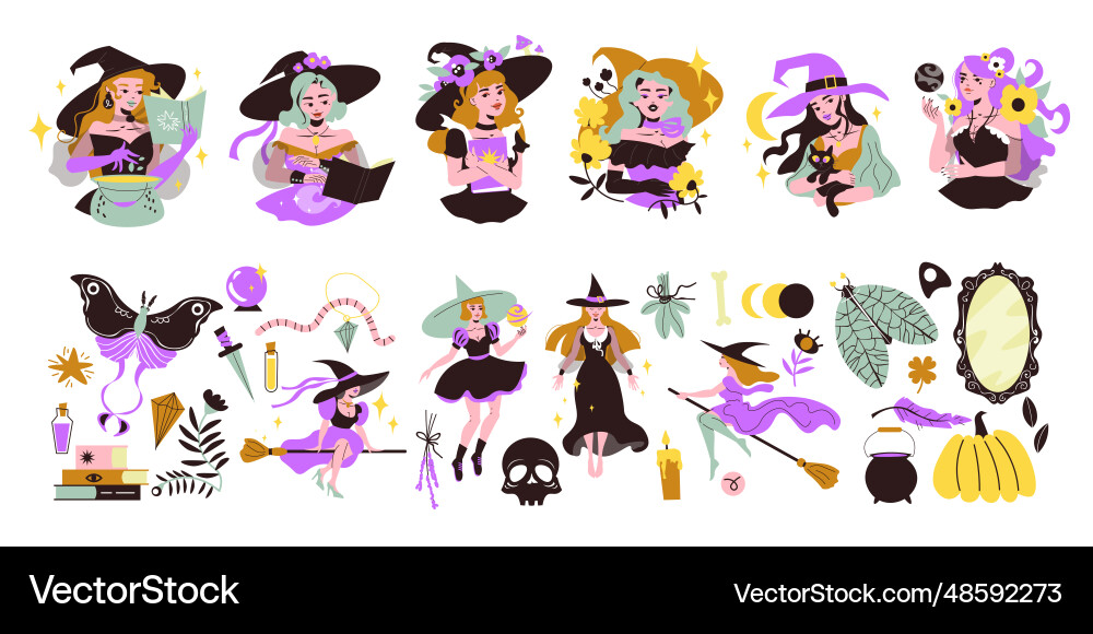 Witches flat set Royalty Free Vector Image - VectorStock