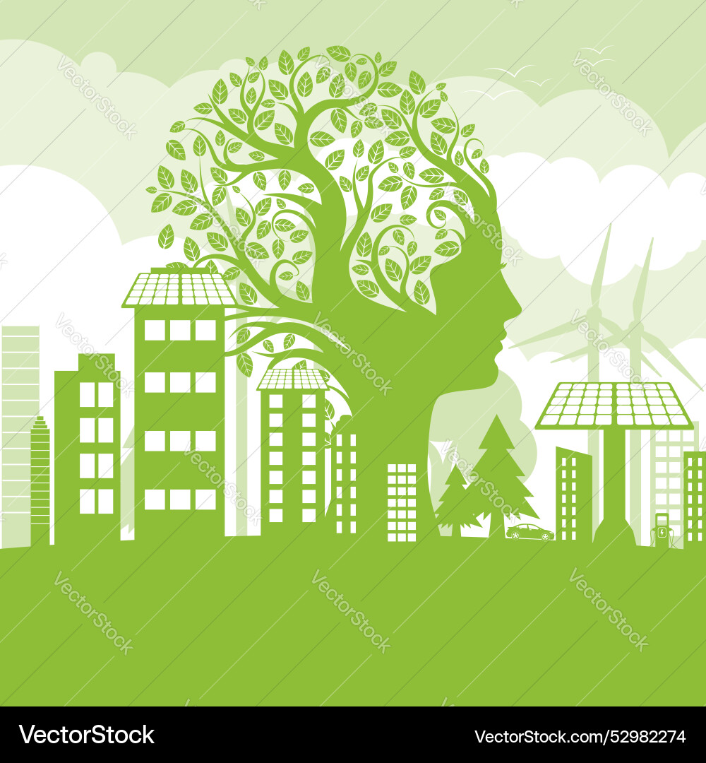 Modern city and head shaped tree Royalty Free Vector Image