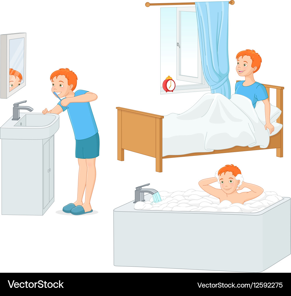 Boy doing his morning routine Royalty Free Vector Image