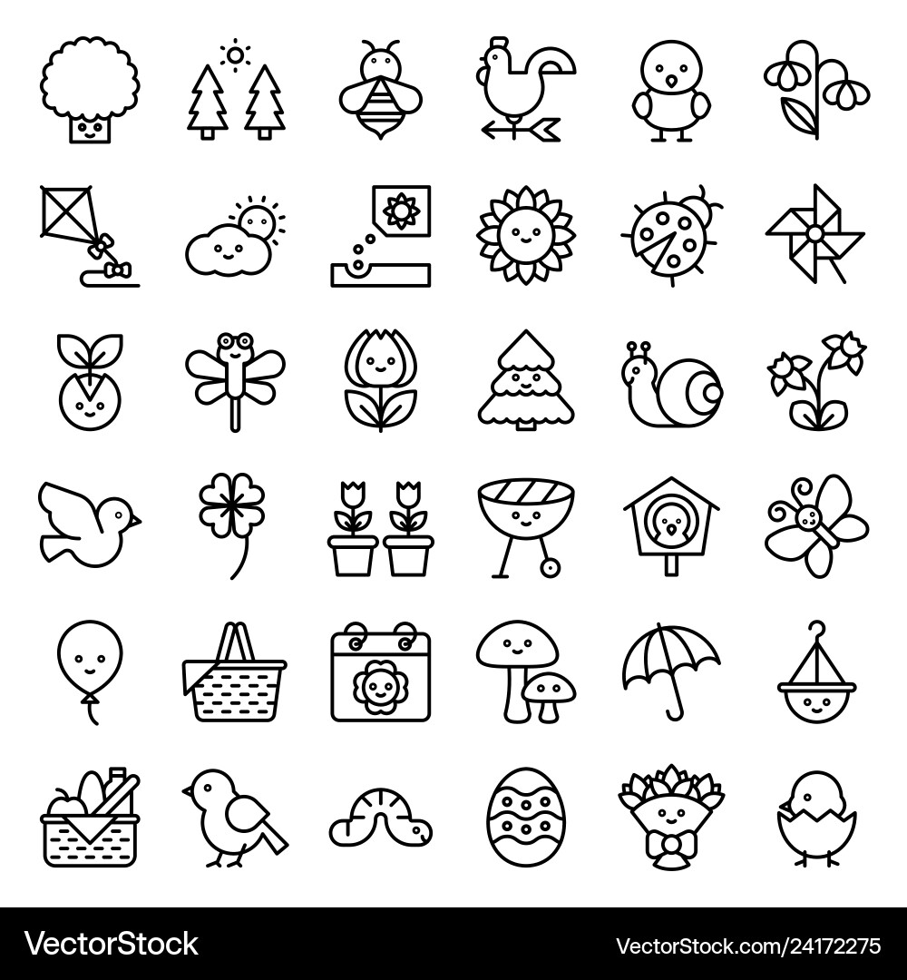 Spring Line Icons - Nature & Animals Vector Image