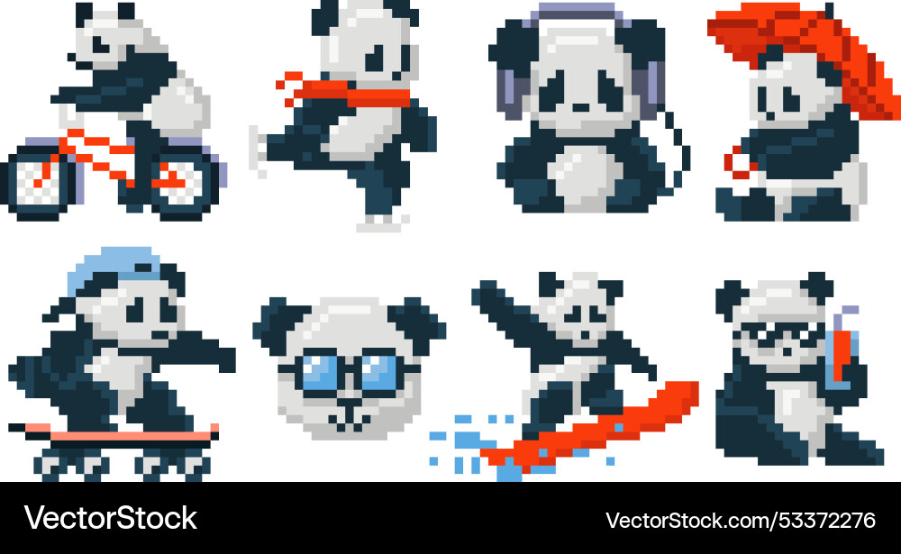 Pixel art cute pandas retro 8bit panda bear Vector Image