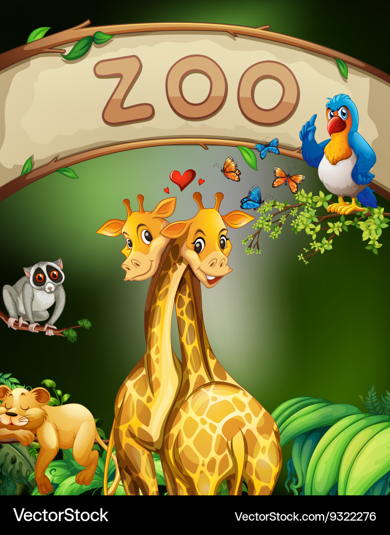 Zoo sign and many animals Royalty Free Vector Image