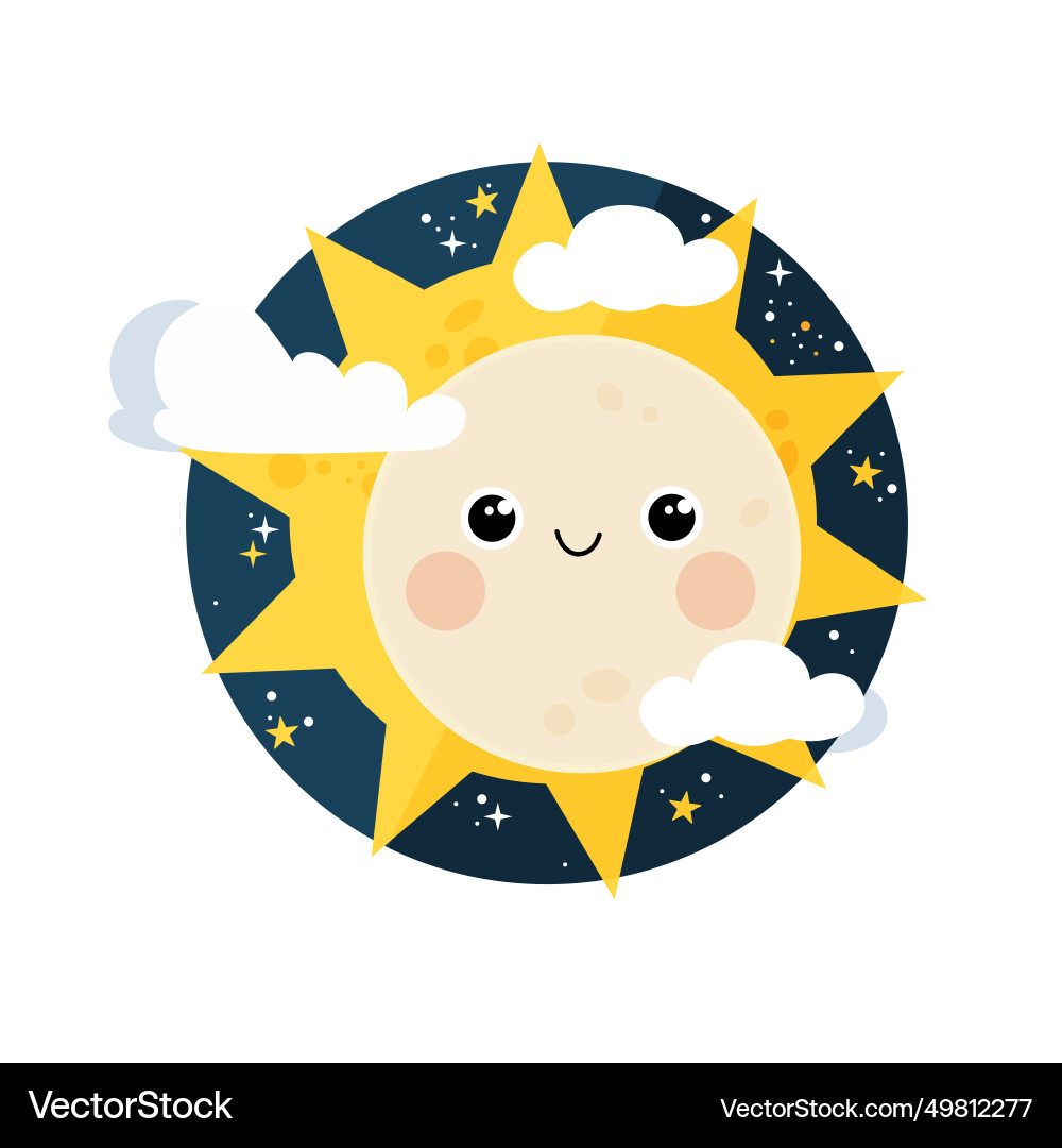 Cute smiling moon character with sunlight behind Vector Image