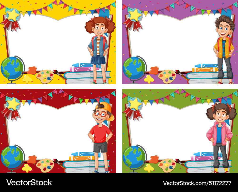 Four vibrant frames featuring cheerful school kids