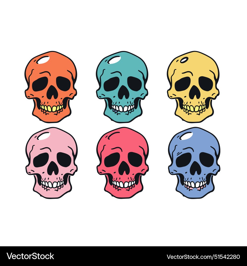 Six colorful cartoon skulls arranged two rows Vector Image