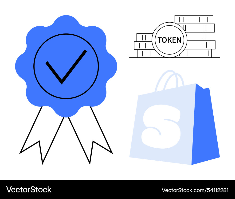 Blue badge with check mark token coins Royalty Free Vector