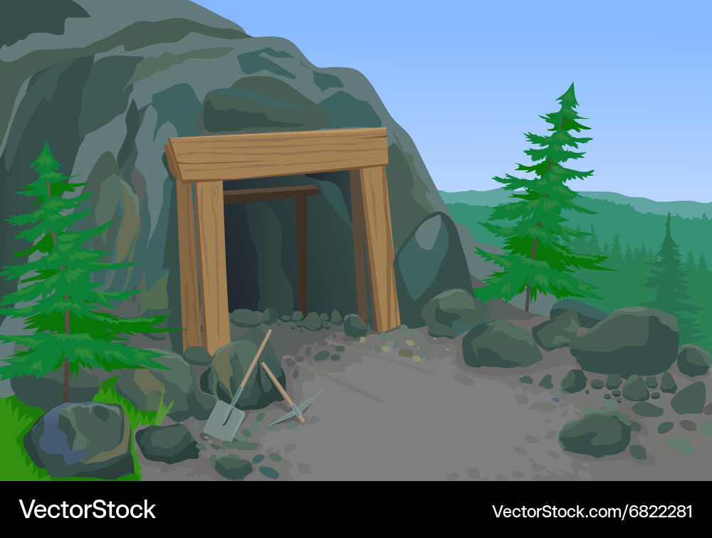 Old mine with shovel and pick Royalty Free Vector Image