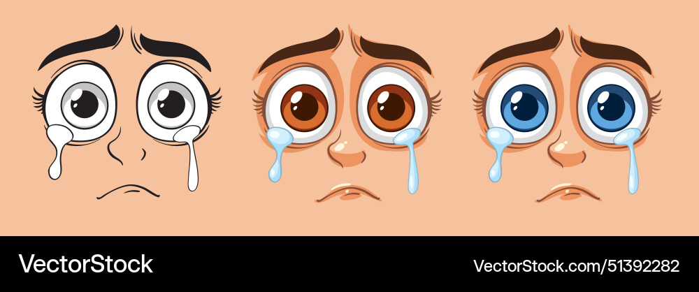 Three crying faces with varied eye colors Vector Image