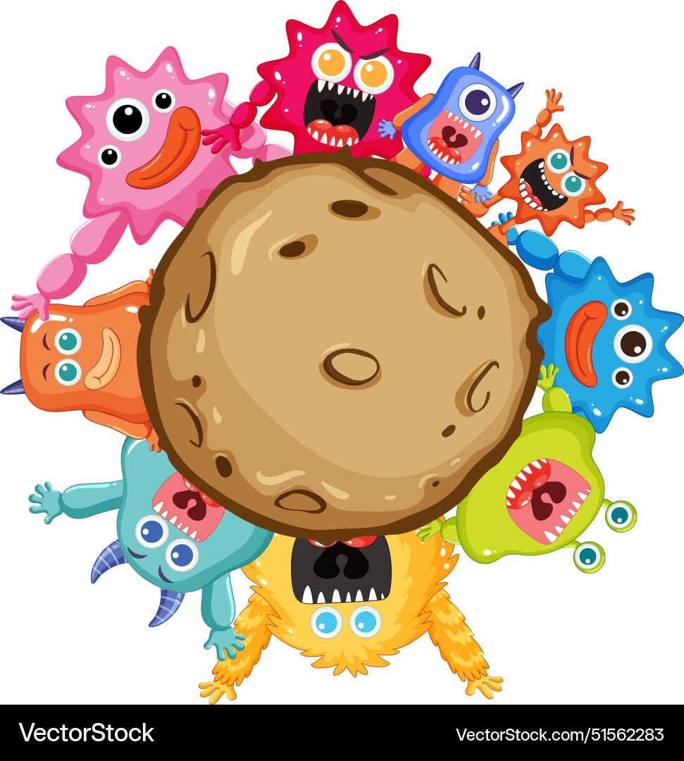 Cute monsters surrounding a large cookie Vector Image