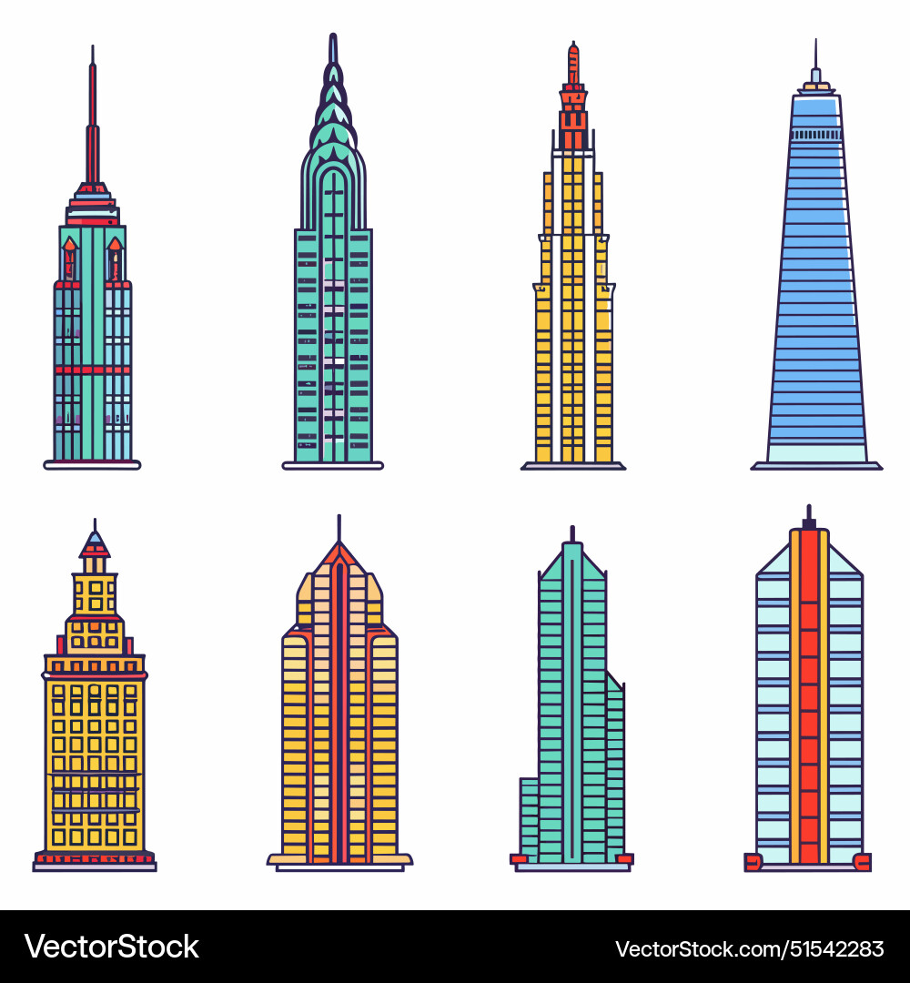 Eight colorful skyscrapers displayed linear Vector Image