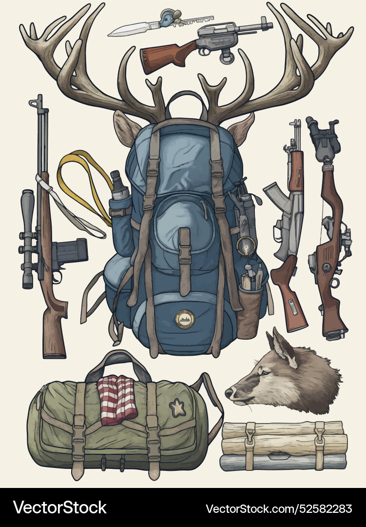 Hunter set attributes of men recreation Royalty Free Vector Hunter set attributes of men recreation Royalty Free Vector